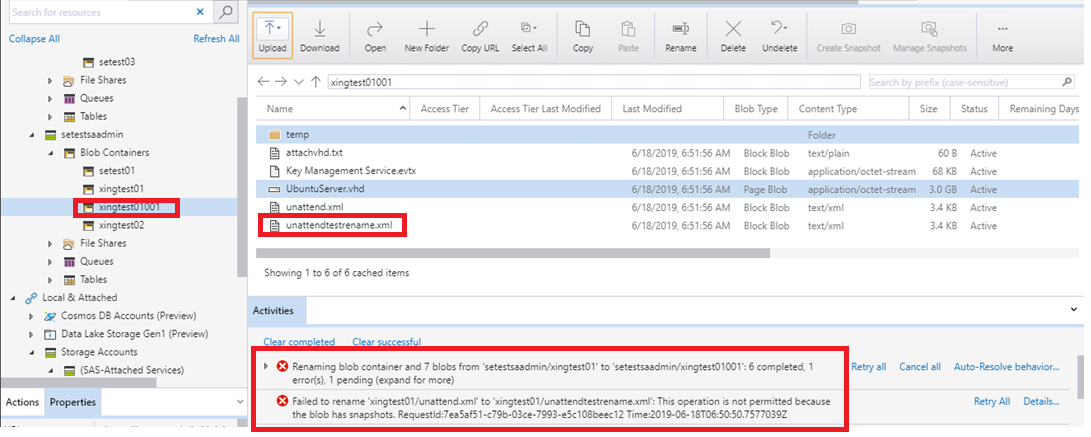 Rename a blob/container with snapshot will failed make a copy of the blob/container added ...