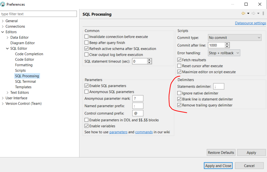 "Execute SQL Statement" and "Execute script" don't see delimiter ...