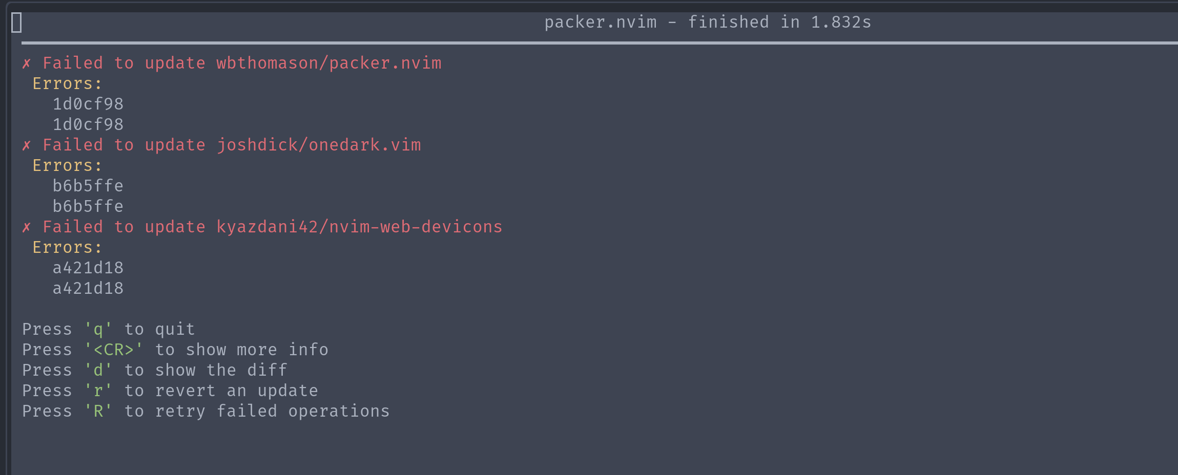 Plugins are failing to update/install. · Issue #1207 · wbthomason/packer.nvim · GitHub