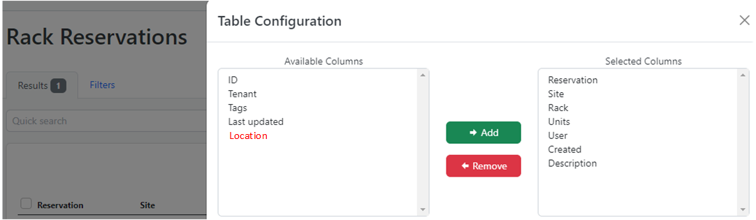 Add existing fields to the Rack Reservation user interface pages ...