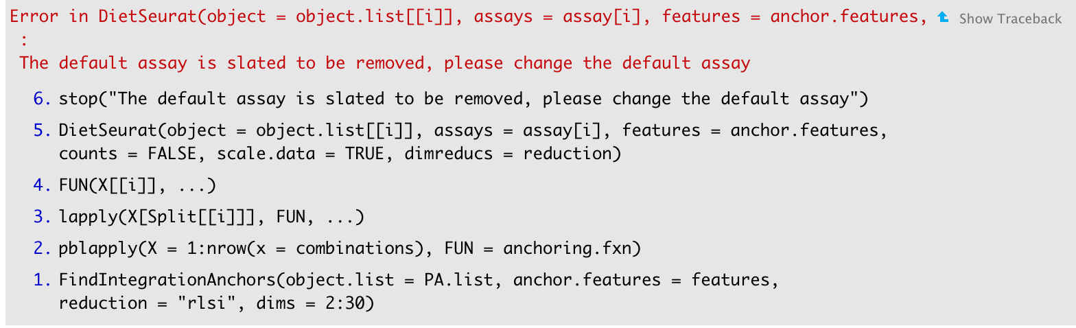 Error in DietSeurat(object = object.list[[i]], assays = assay[i], features = anchor.features ...