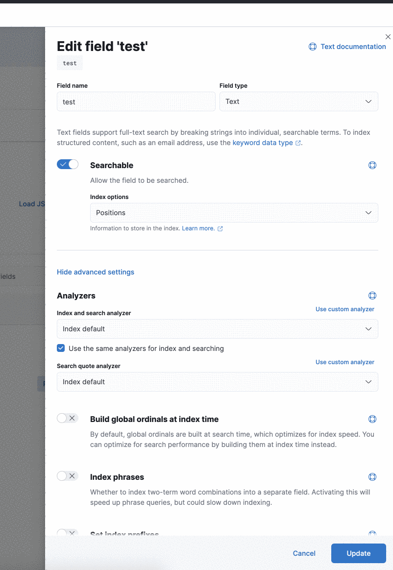 [Index Management] Custom analyzer in index settings is not read by the Text field edit panel ...