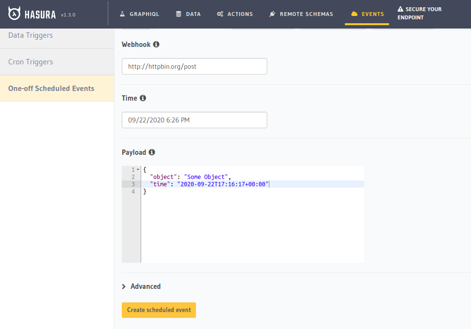 Creating one-off scheduled events with hasura web-console causes ...
