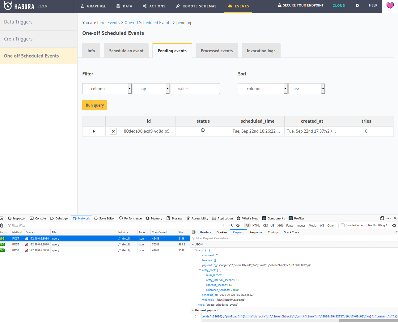 Creating one-off scheduled events with hasura web-console causes payload to be set to string ...