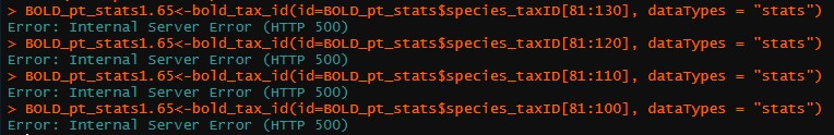 I'm getting the Error: Internal Server Error (HTTP 500) for a small chunk of species names ...