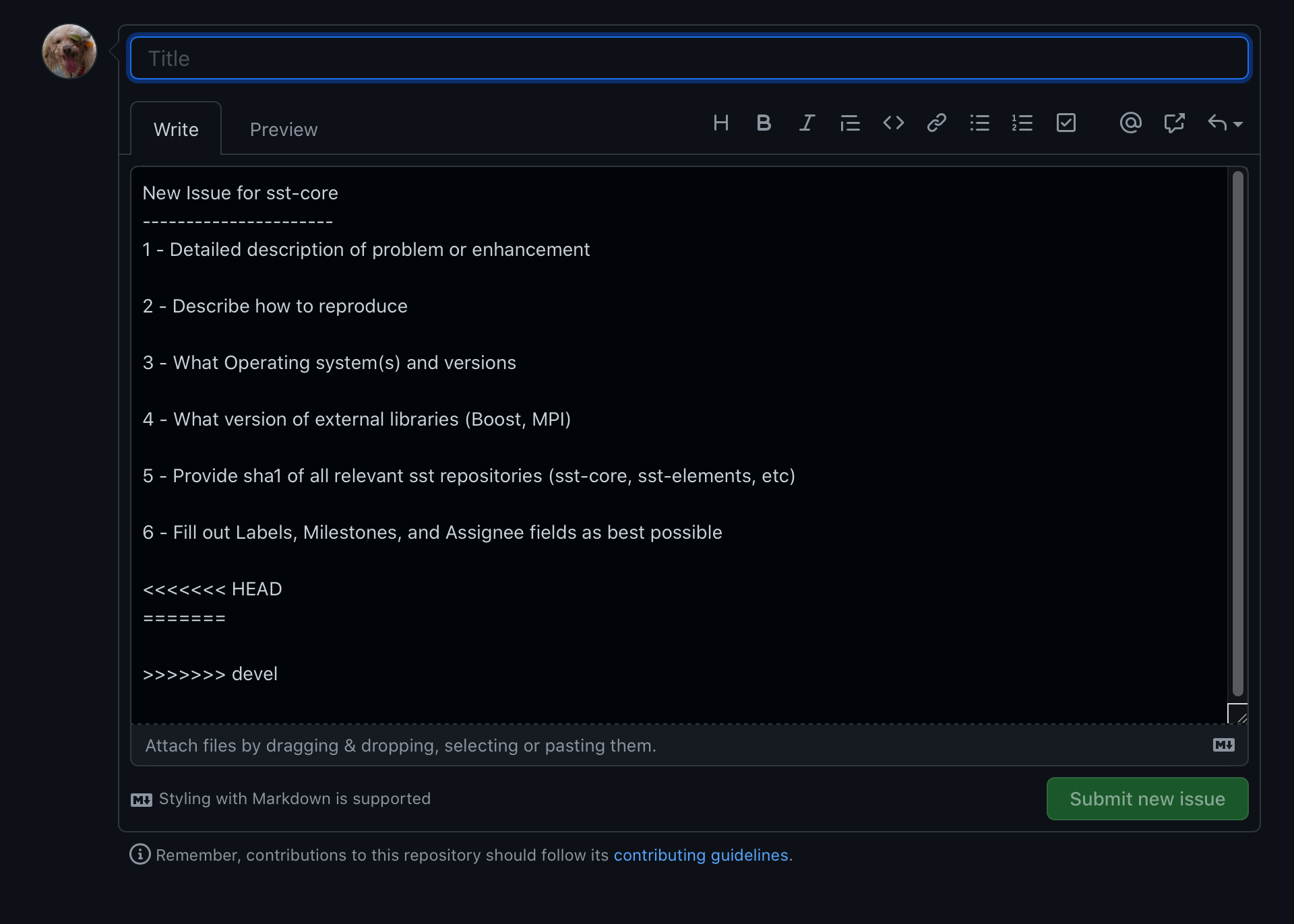 Git conflict markers in the new issue form. · Issue #678 · sstsimulator/sst-core · GitHub