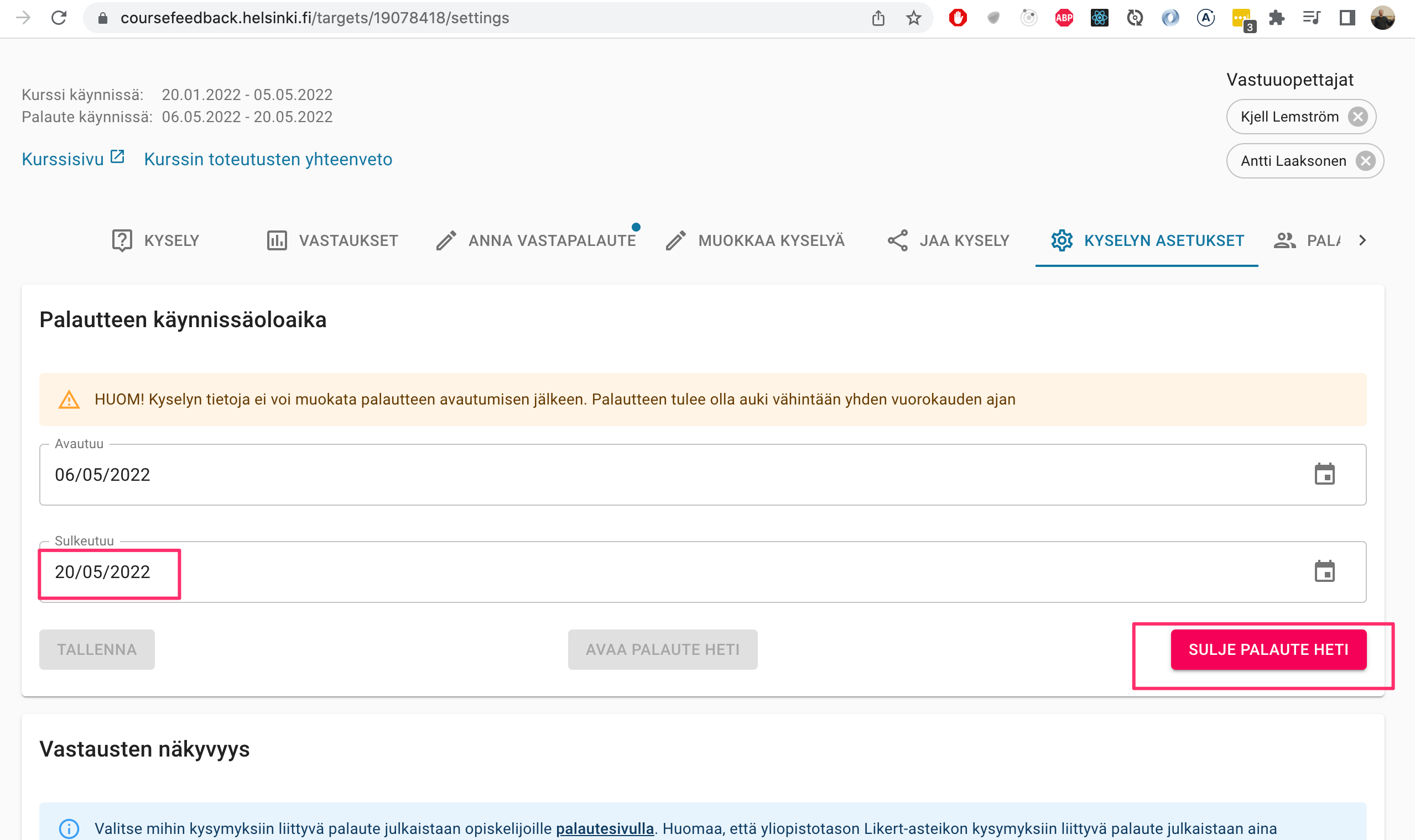 disable "sulje heti"-button if syrvey has already ended · Issue #695 · UniversityOfHelsinkiCS ...