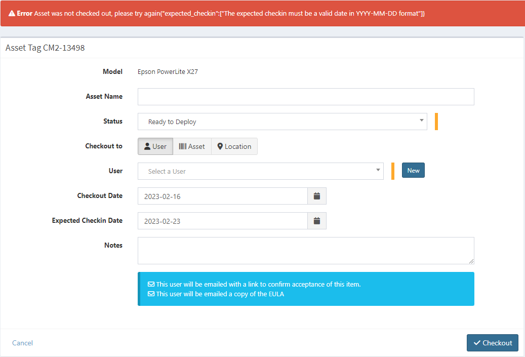 Expected Checkin Date on Asset Checkout throws an error in Docker image · Issue #12531 · snipe ...
