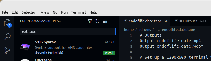 :pray: Feature Request > VSCode extension :nerd_face: · Issue #162 · charmbracelet/vhs · GitHub