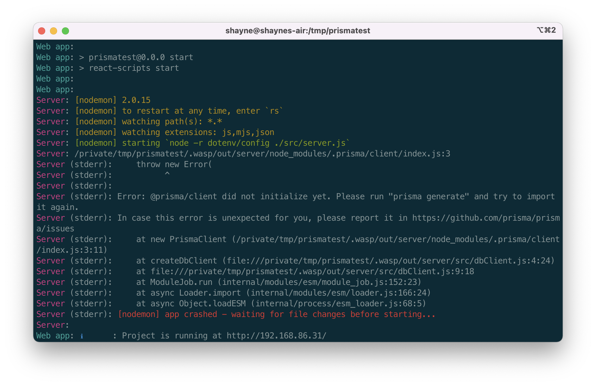 Server dies with Prisma error when there are no entities defined · Issue #398 · wasp-lang/wasp ...