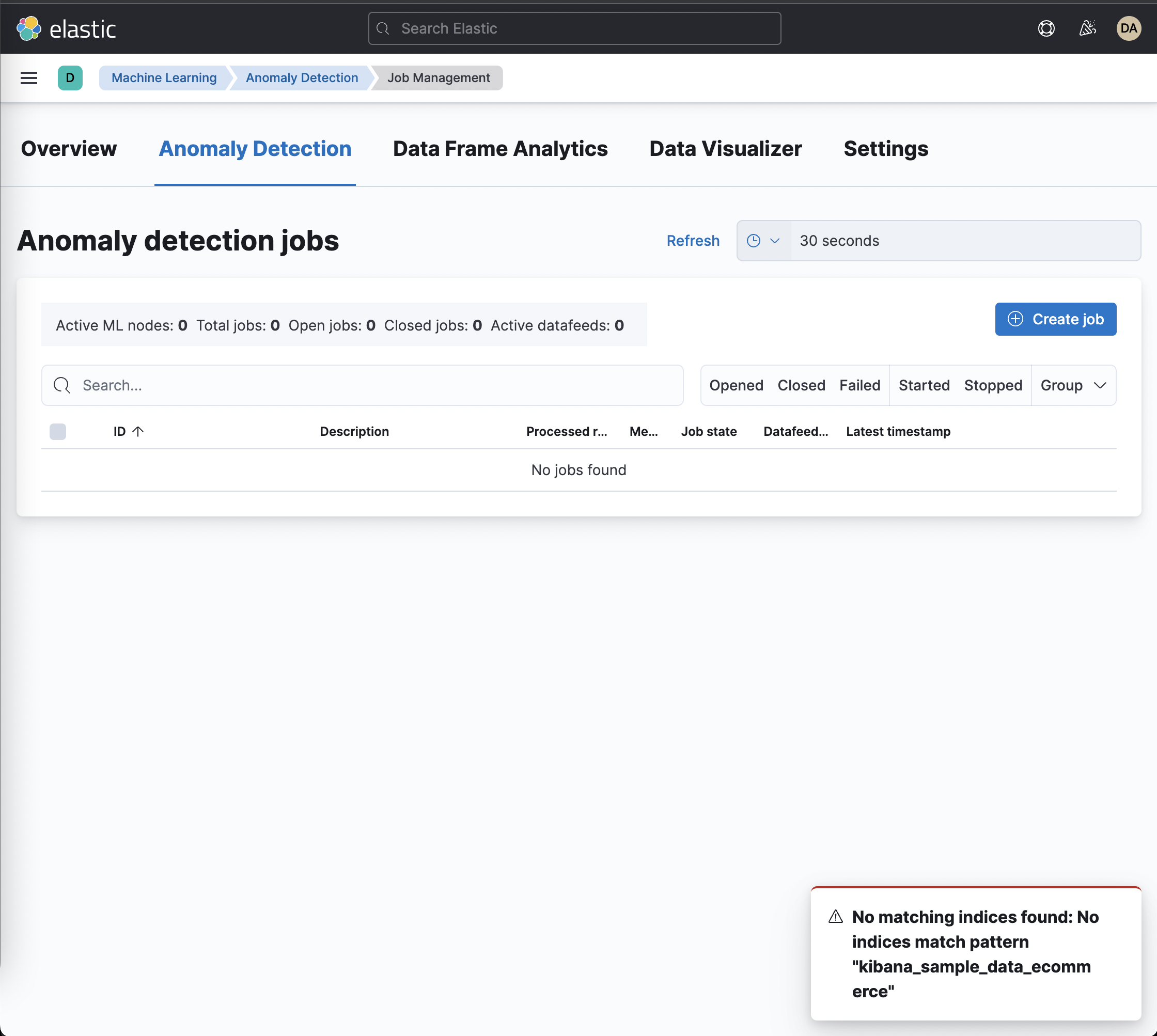 [ml] Errors Messages About No Matching Indices Found For Kibana Index Patterns · Issue 147886