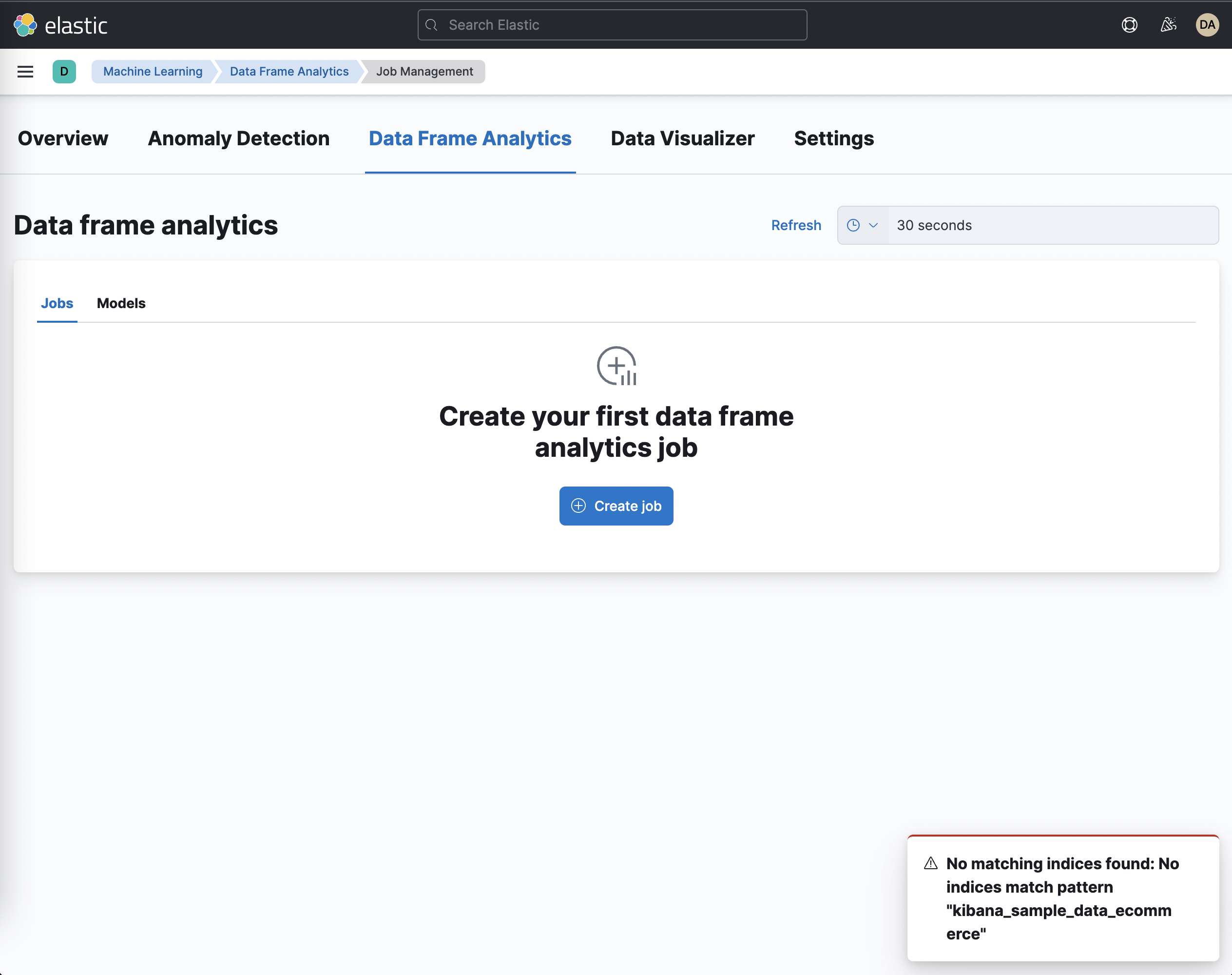 [ml] Errors Messages About No Matching Indices Found For Kibana Index Patterns · Issue 147886
