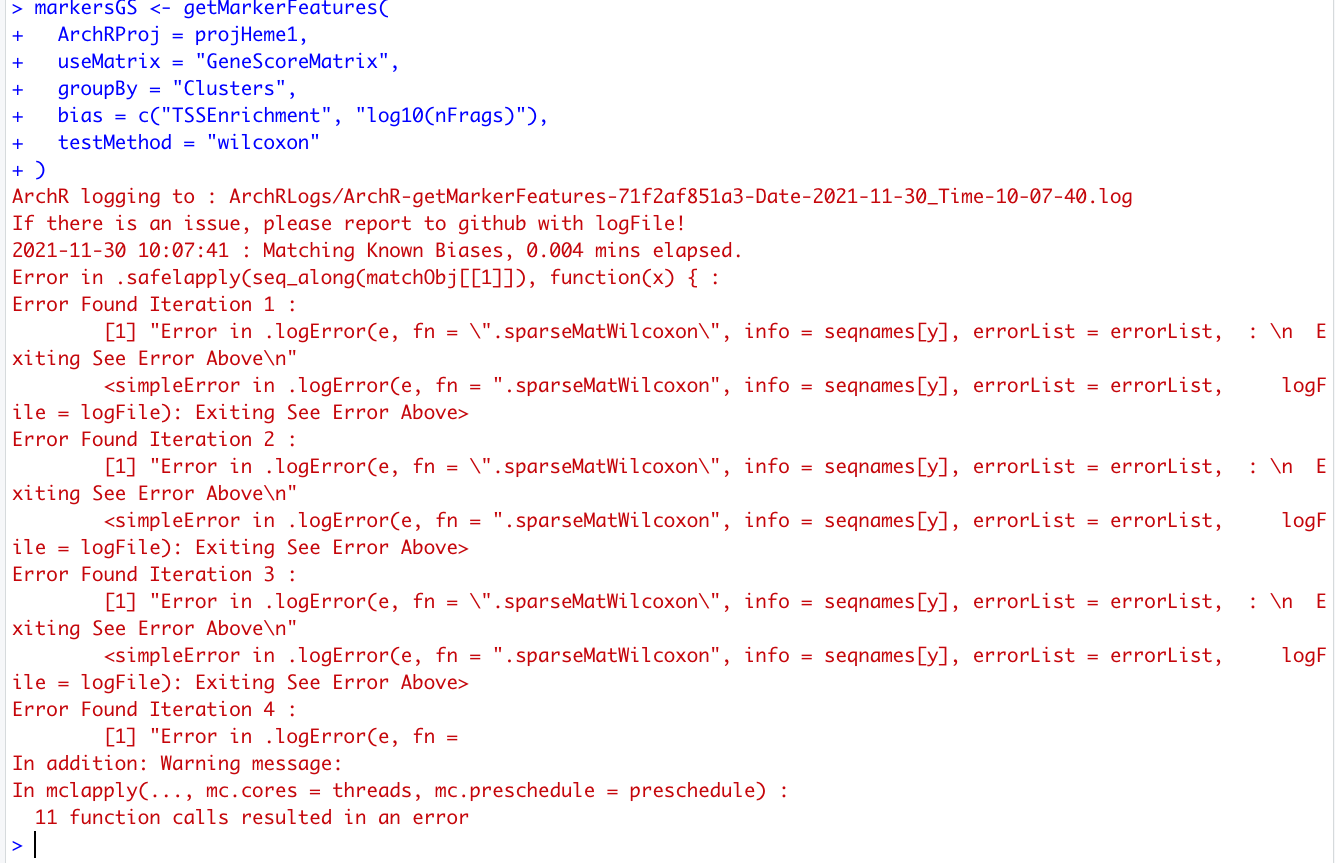 Errors in using getMarkerFeatures · Issue #1194 · GreenleafLab/ArchR · GitHub