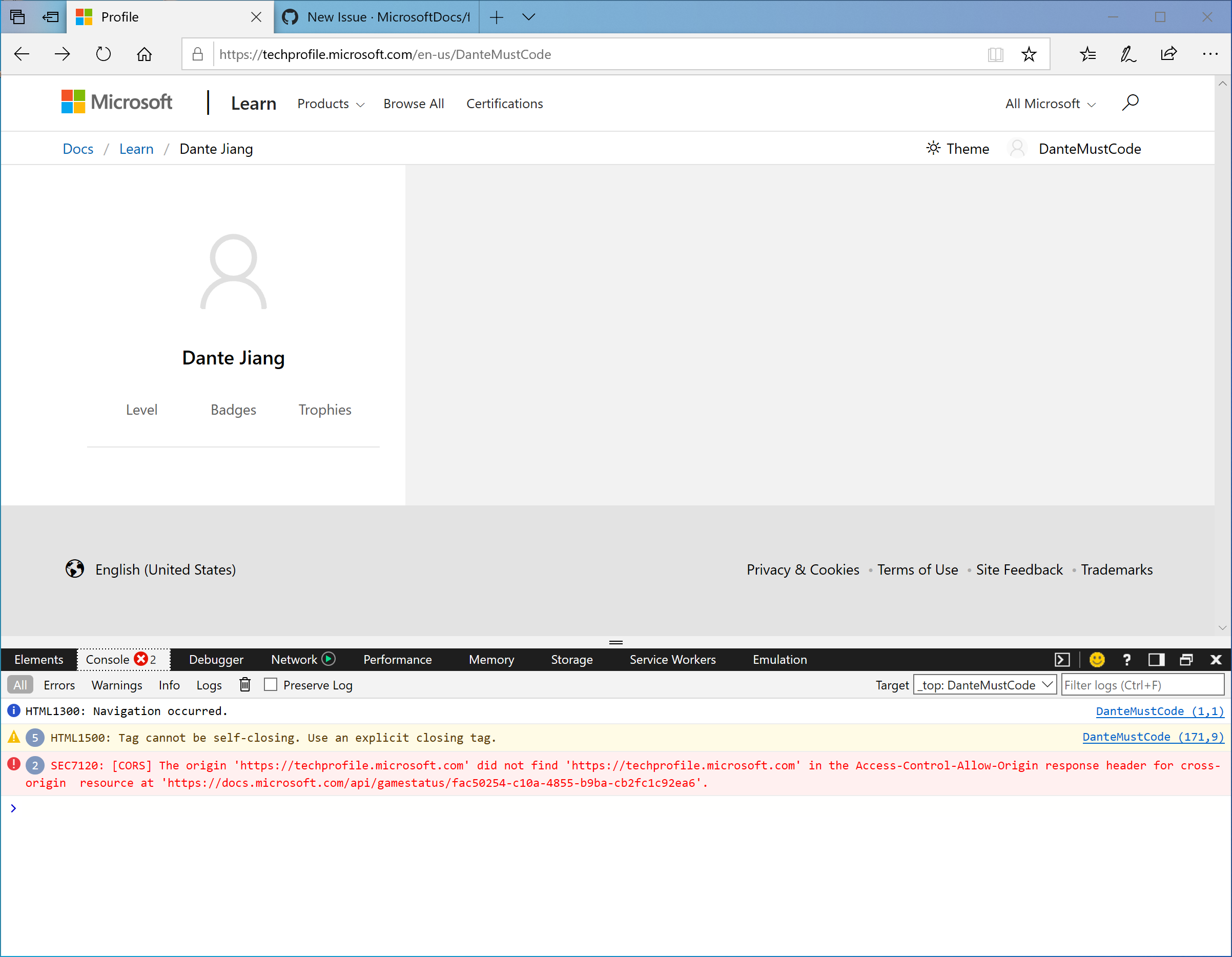 Microsoft Learn: Returning to Profile gets a CORS error · Issue #1843 · MicrosoftDocs/feedback ...