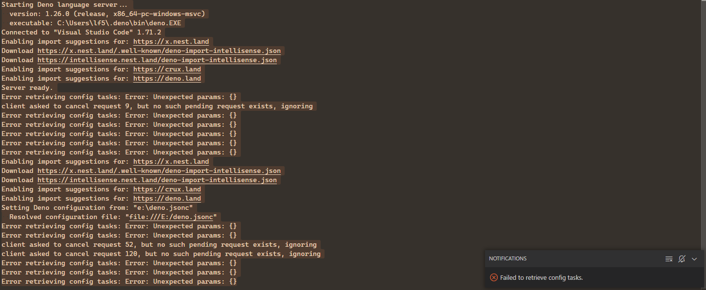 Inappropriate pop-up notification: Failed to retrieve config tasks · Issue #724 · denoland ...