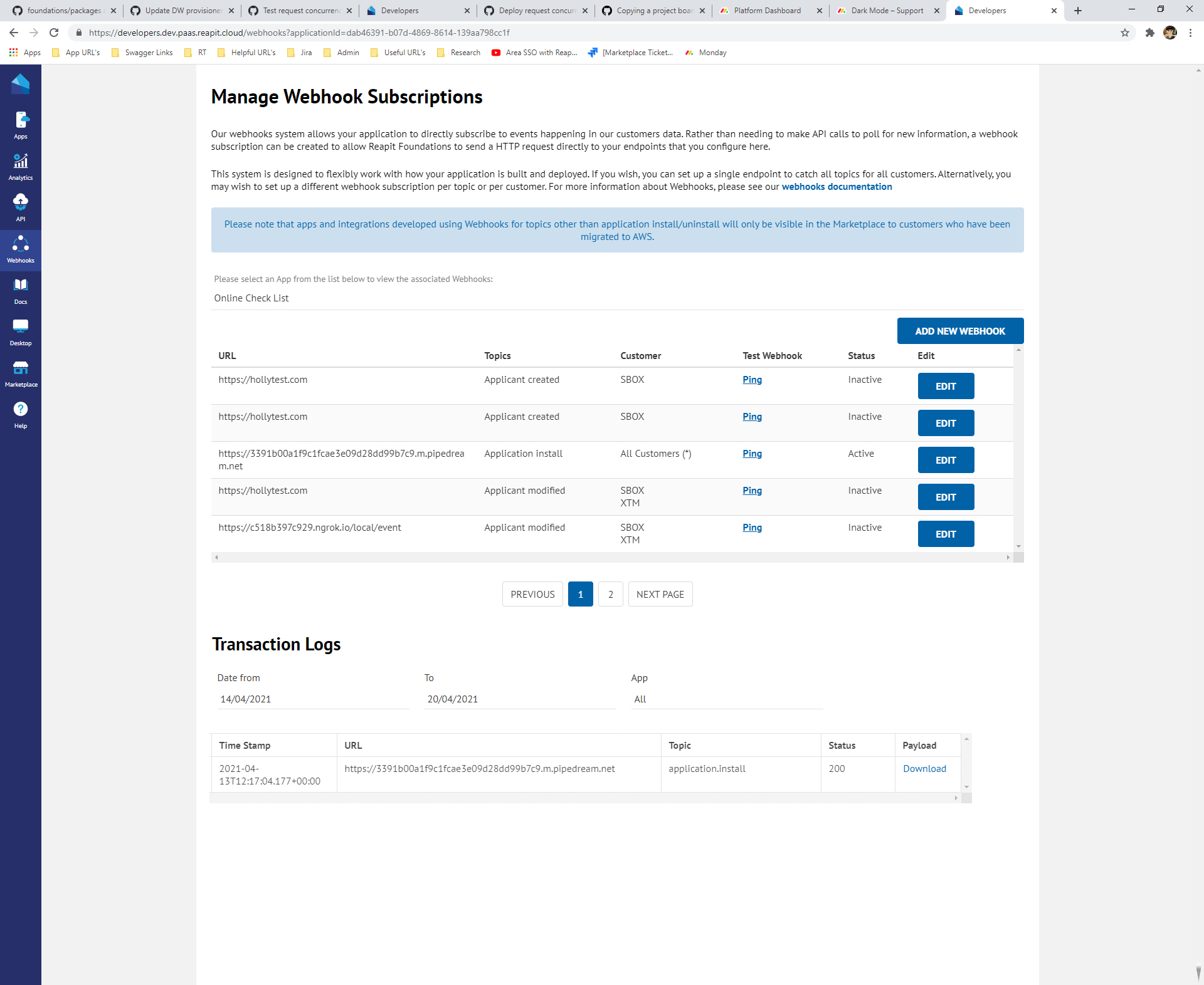 Add a table on Webhooks to surface webhook transactions · Issue #3994 · reapit/foundations · GitHub