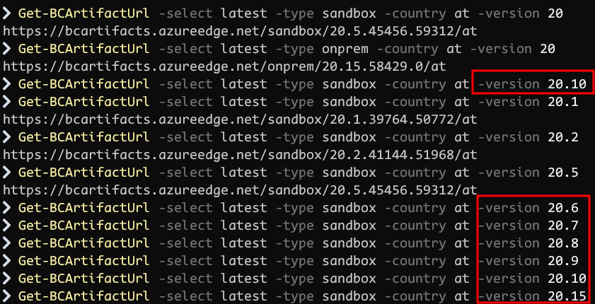 Missing BC artifact urls for sandbox (AT) versions 20.6 - 20.15 · Issue #3144 · microsoft ...