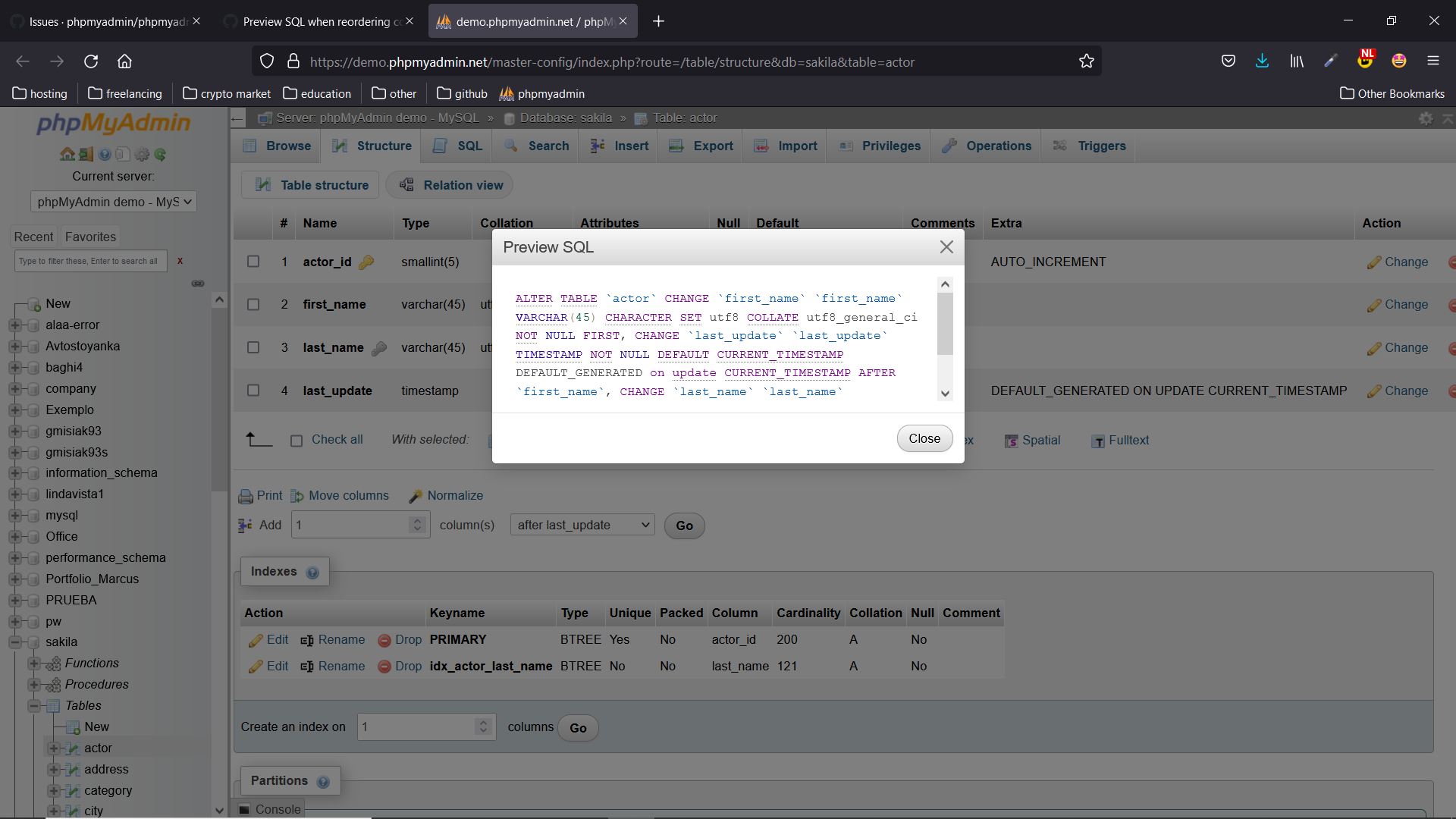 Preview SQL when reordering columns doesn't work on move columns · Issue #17177 · phpmyadmin ...