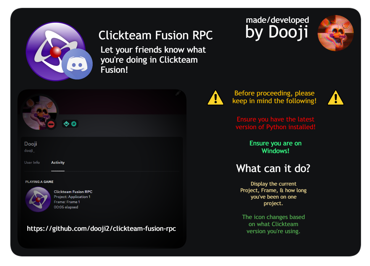 GitHub - dooji2/clickteam-fusion-rpc: Discord RPC for Clickteam Fusion! Show your friends what ...