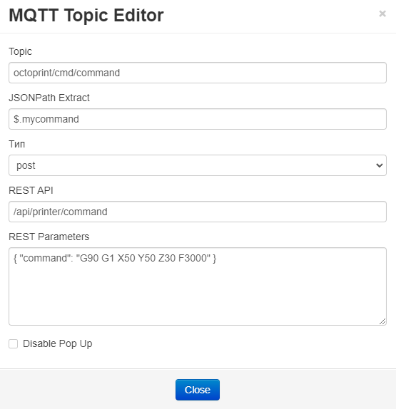 How do I send the G90 G1 X50 Y50 Z30 F3000 command to the Home Assistant using the MQTT service ...