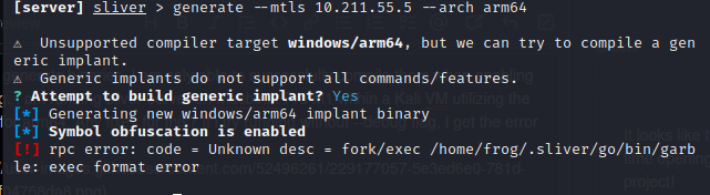 Kali arm64 - Executables only compile with debug flag · Issue #1176 · BishopFox/sliver · GitHub