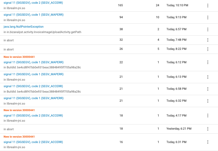 signal 11 (SIGSEGV), code 2 (SEGV_ACCERR) · Issue #6665 · realm/realm-java · GitHub