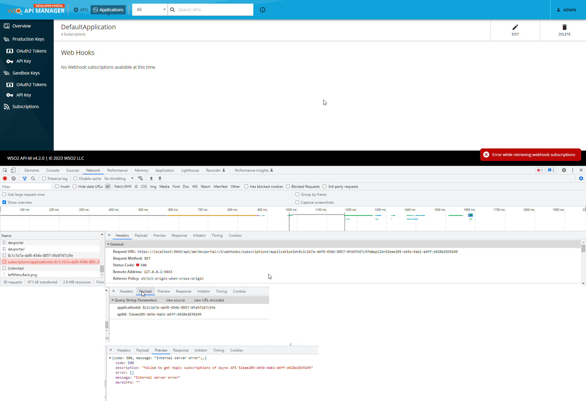 Error message in the webhook API when trying to view subscriptions on the dev portal WSO 4.2.0 ...