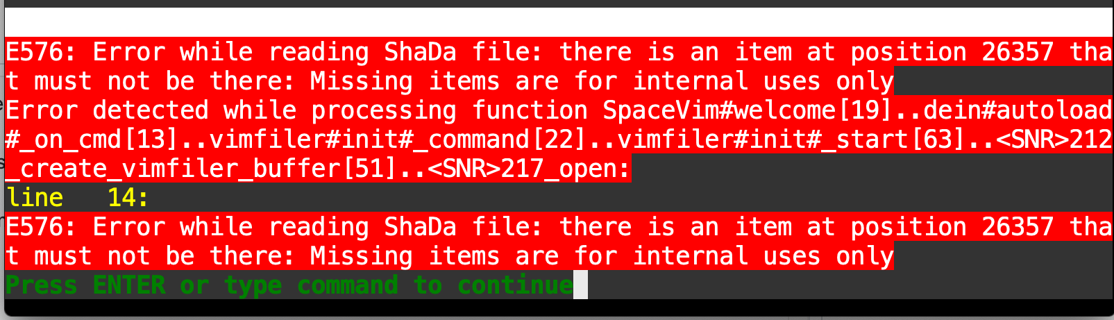 strange error messages on mac os catalina (E576: Error while reading ShaDa file: there is an ...
