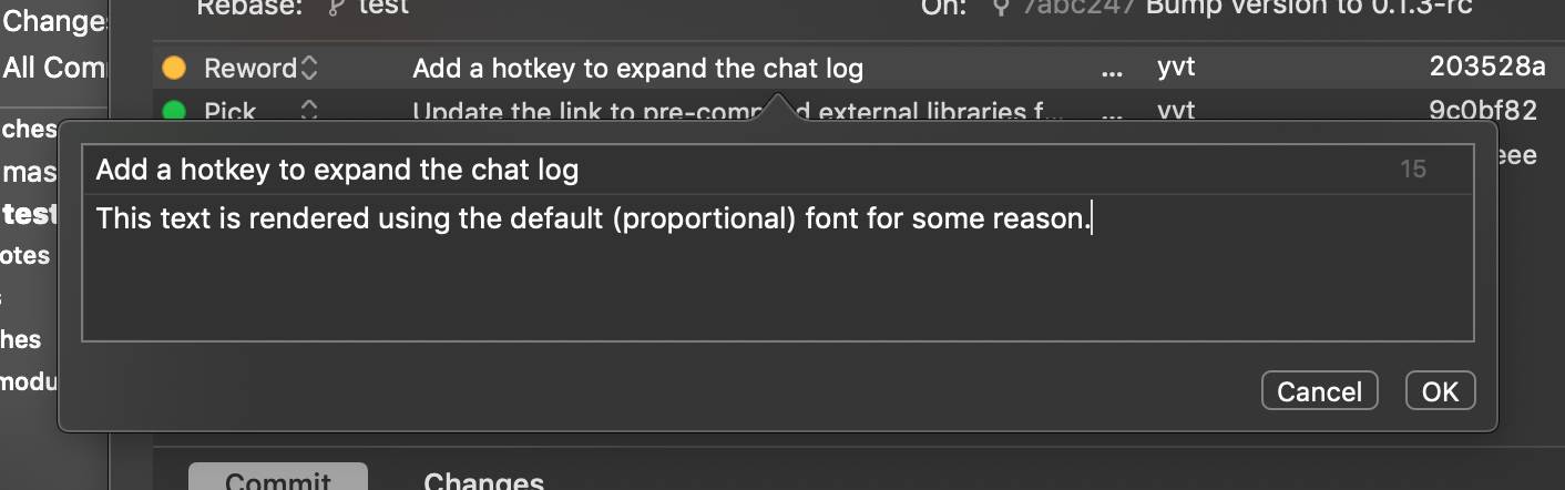 “Use monospace font in commit description” option doesn’t work when ...