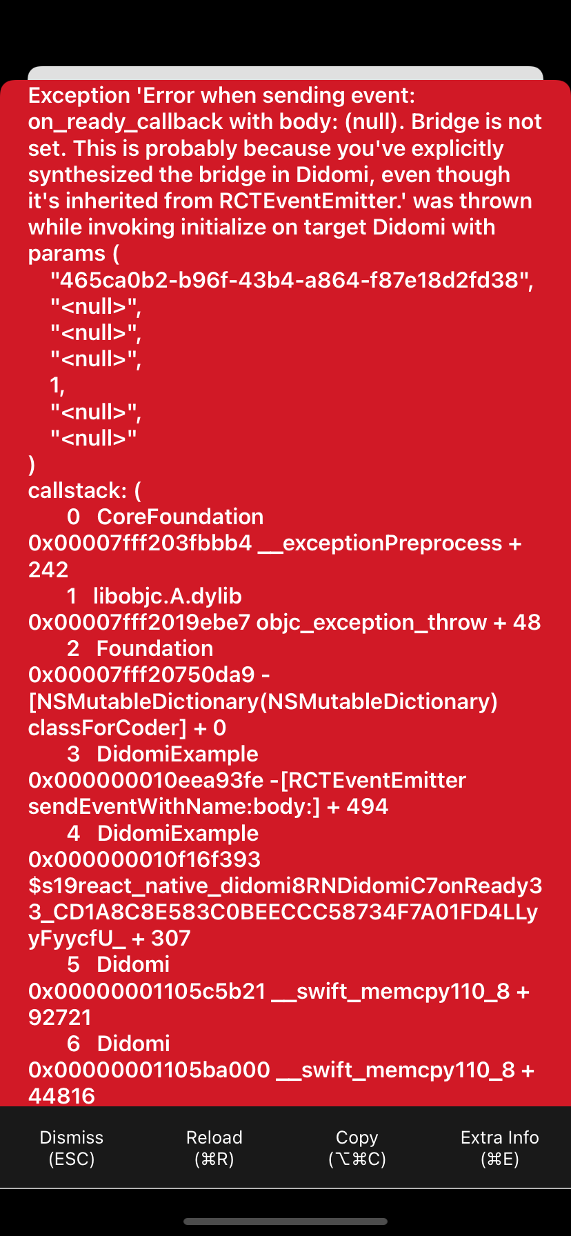 Exception 'Error when sending event: on_ready_callback with body: (null). Bridge is not set ...