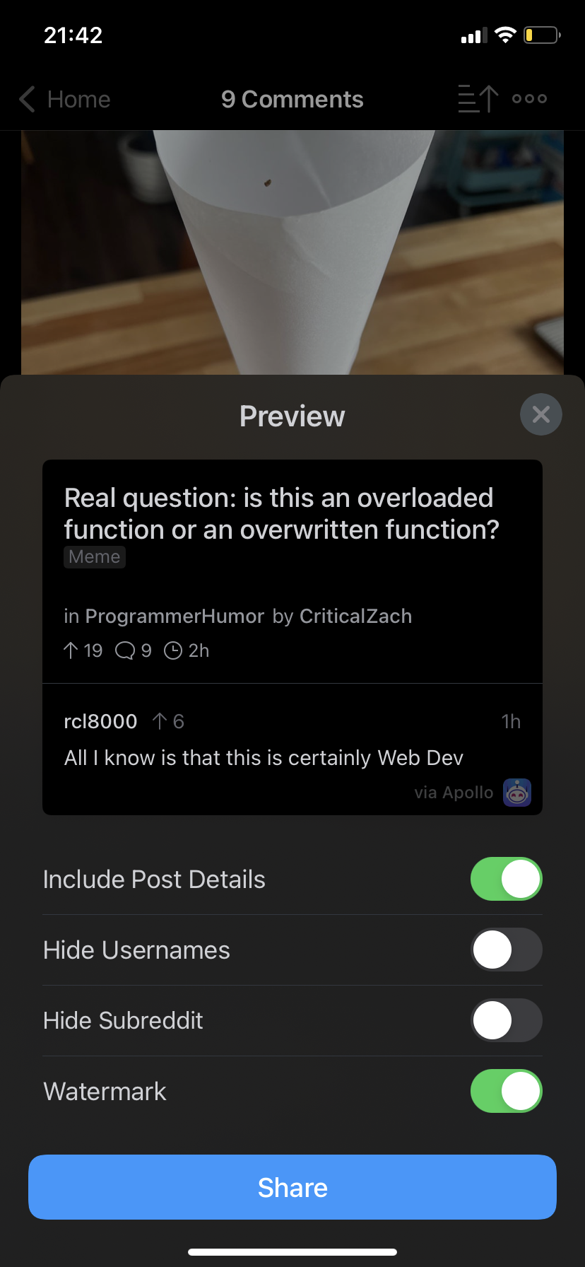 Share as Image not working for crossposts · Issue #1749 · christianselig/apollo-bugs · GitHub
