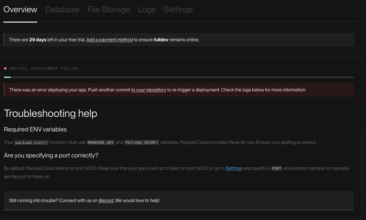 Cloud dashboard not showing initial build logs when error · Issue #3266 · payloadcms/payload ...