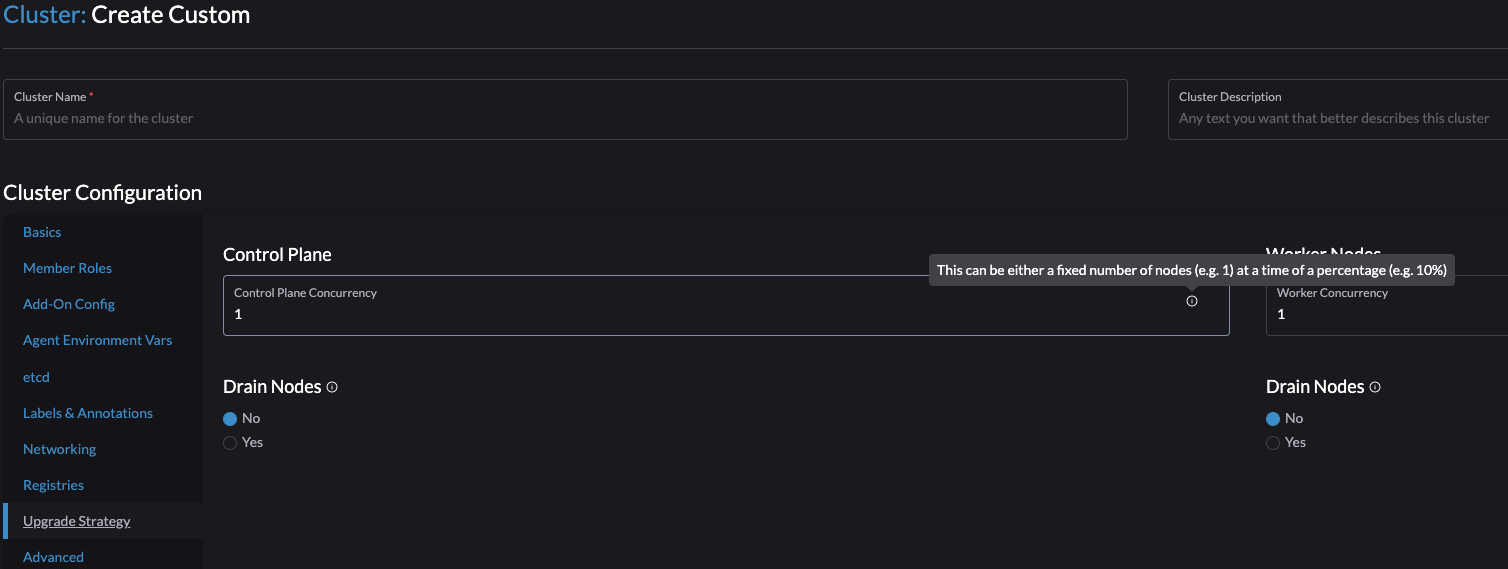 When creating a custom RKE2 cluster and modifying the upgrade strategy, the info window for ...