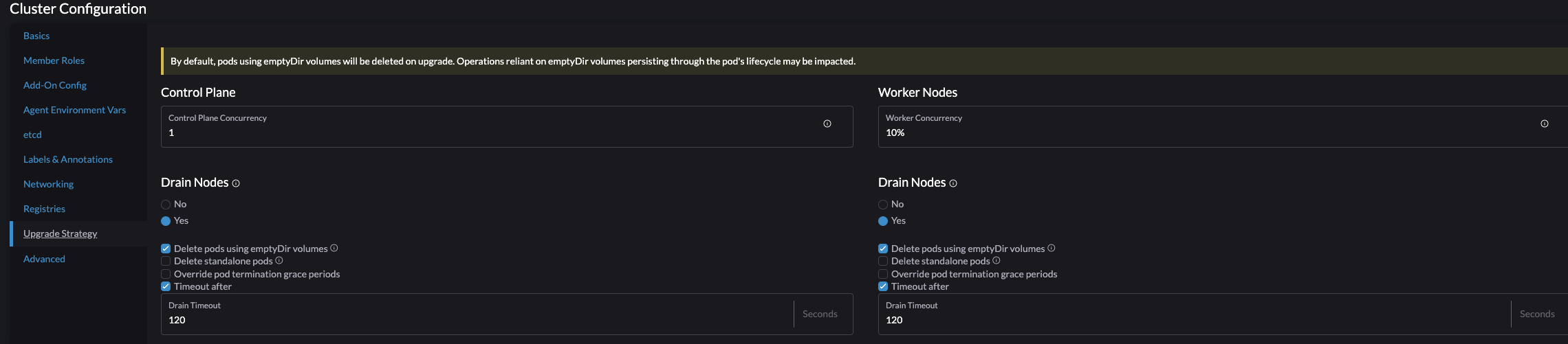 [rke2] enable `drain on upgrade` and `delete pods using emptyDir volumes` by default · Issue ...