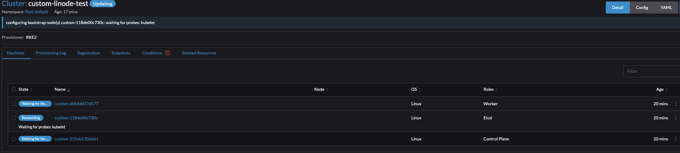 Creating a custom RKE2 cluster on distributed nodes causes `waiting for probes` error, resulting ...
