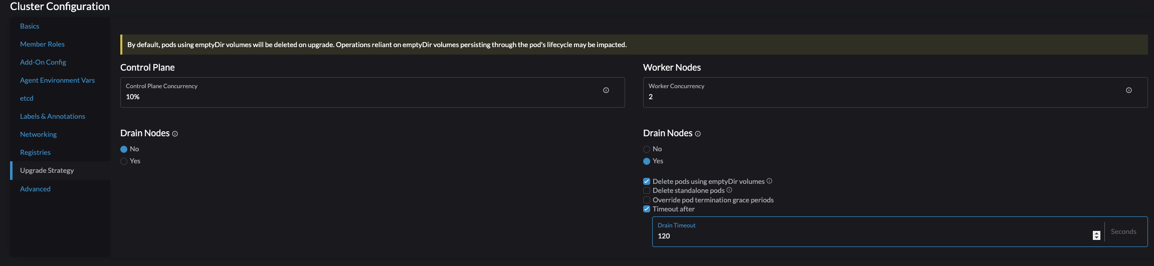 Cluster goes into a bad state during k8s upgrade when upgrade strategy is set on the RKE2 ...