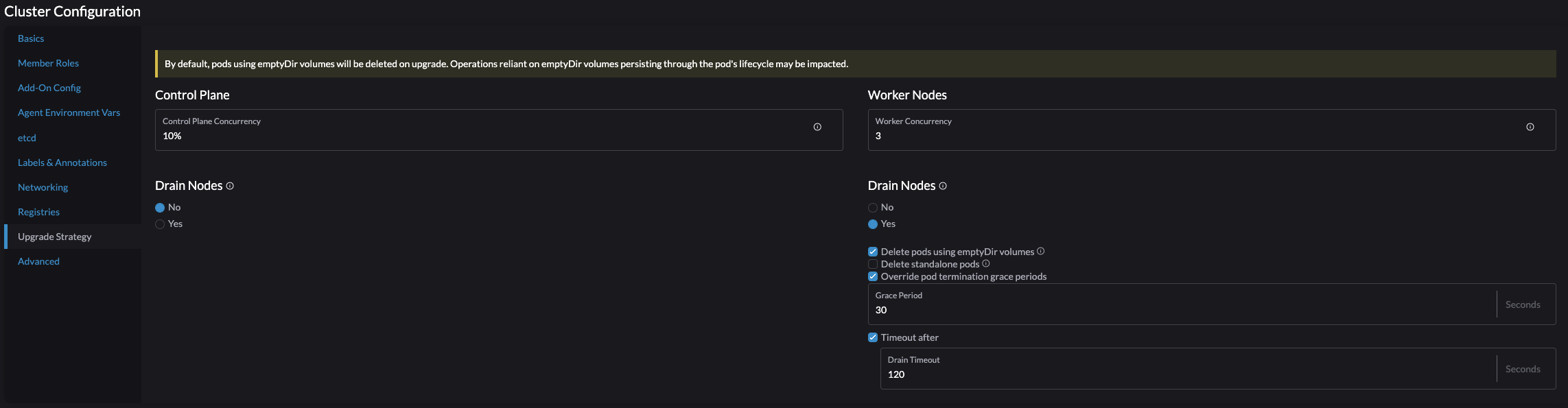 Cluster goes into a bad state during k8s upgrade when upgrade strategy is set on the RKE2 ...