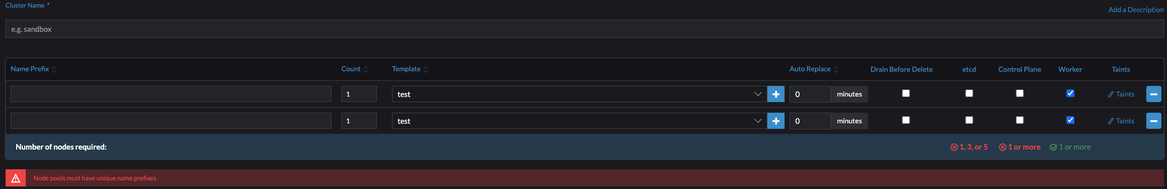 When provisioning a downstream RKE1 node driver cluster, having multiple node pools with no name ...