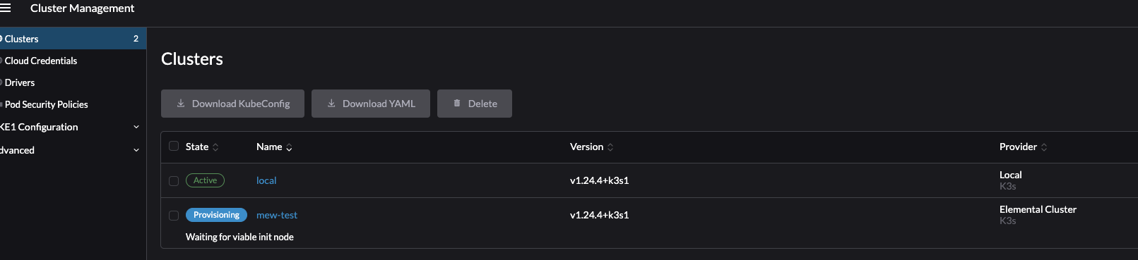 When provisioning an Elemental cluster, the `Provider` column reads as `Elemental Cluster ...
