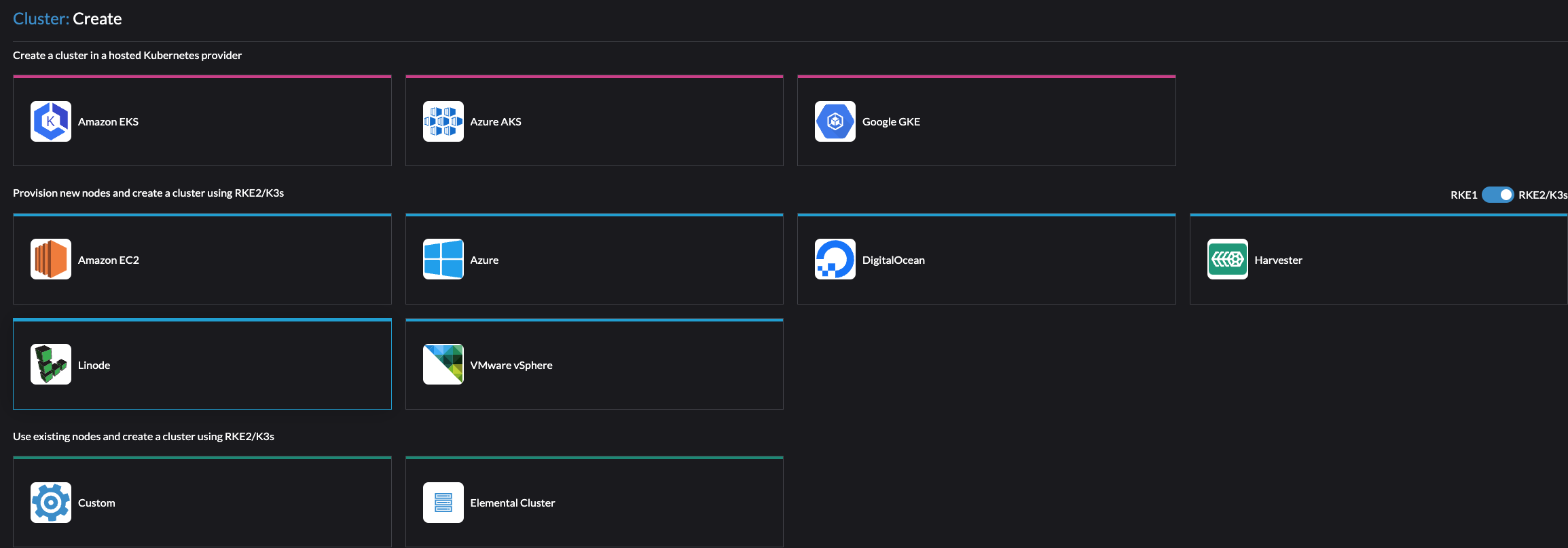 When provisioning an Elemental cluster, the `Provider` column reads as `Elemental Cluster ...