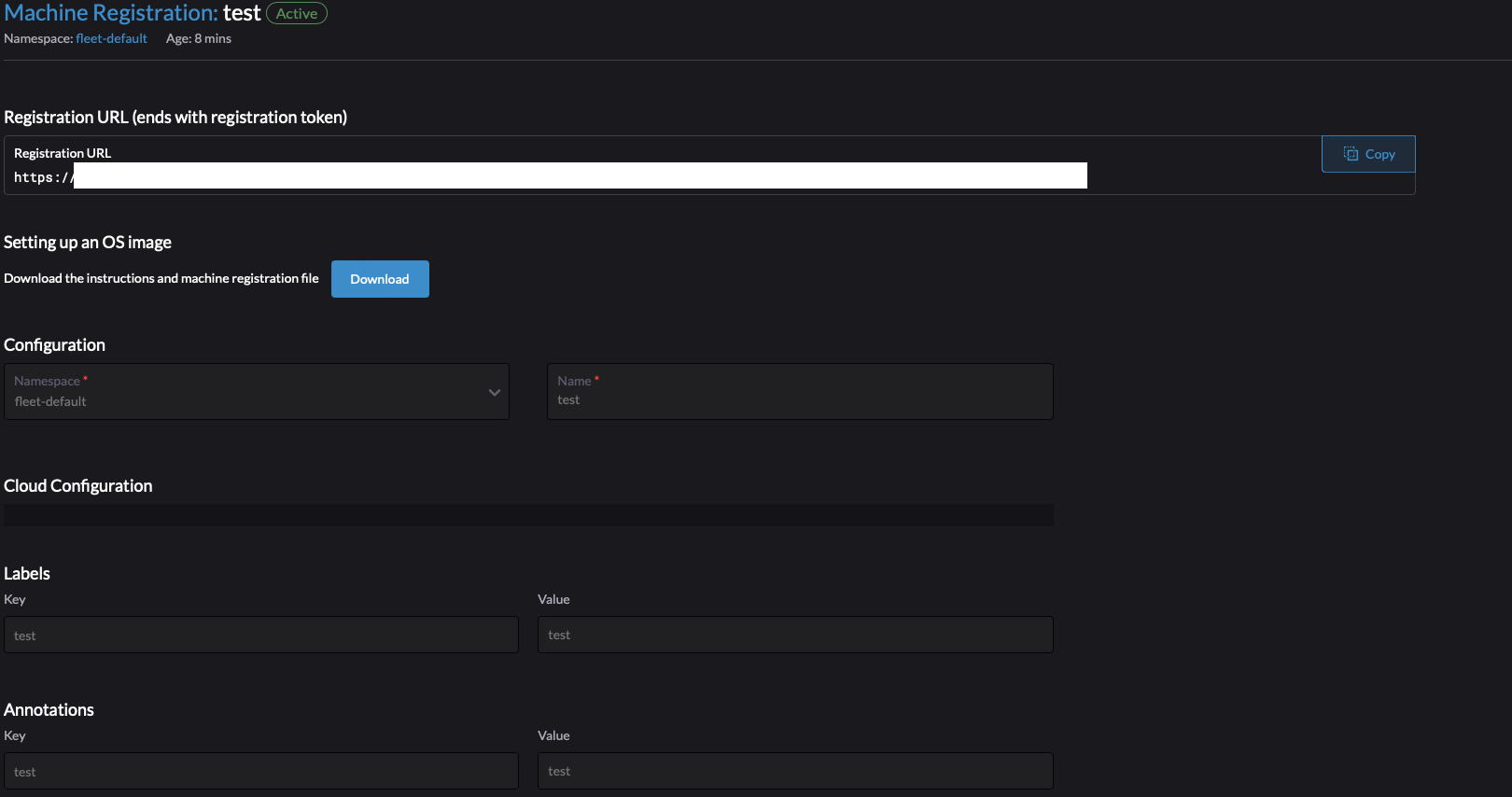 The `Cloud Configuration` field is empty after creating a machine registration in Elemental ...