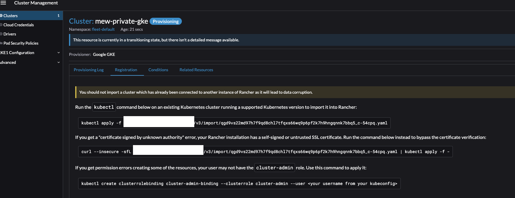 When provisioning a private GKE cluster, there is no `Registration` tab showing the registration ...