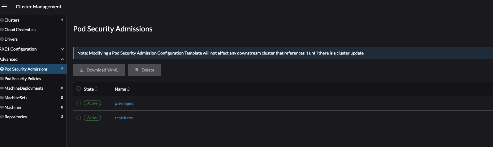Banner on global PSACT page warning about modifications not automatically being applied ...