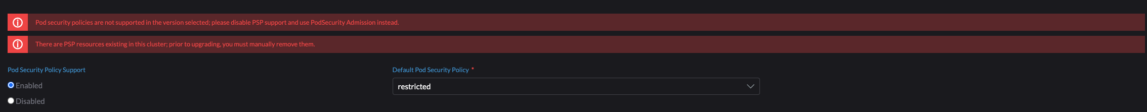 When upgrading RKE1 v1.24/v1.23 cluster with PSP objects to v1.25, remove the second banner `The ...
