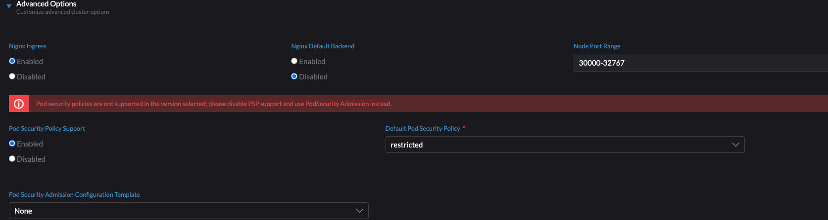 When upgrading RKE1 v1.24/v1.23 cluster with PSP objects to v1.25, remove the second banner `The ...
