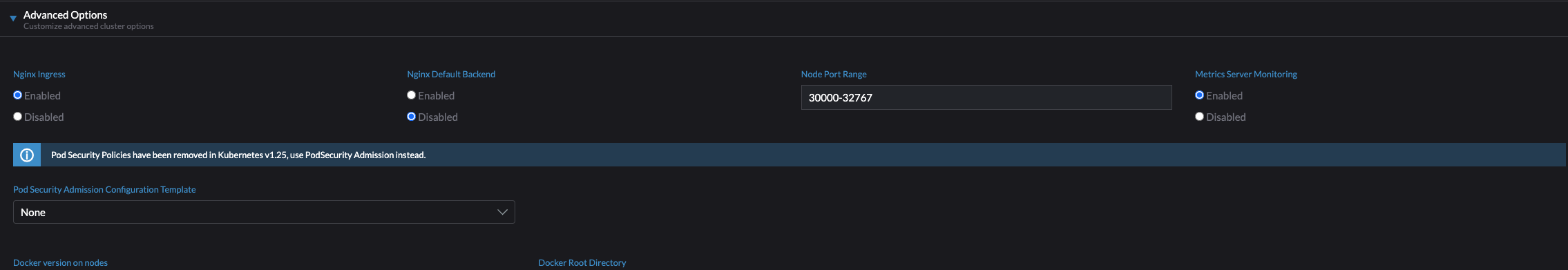 When upgrading RKE1 v1.24/v1.23 cluster with PSP objects to v1.25, remove the second banner `The ...