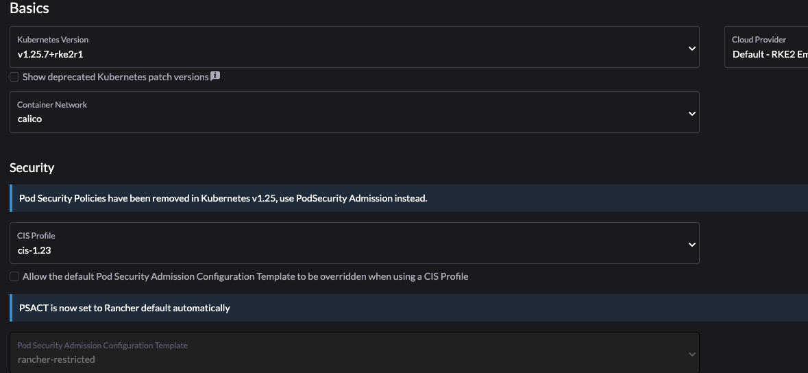 PSA verbiage in the RKE2 v1.25 custom cluster page is inconsistent with one another and causes ...