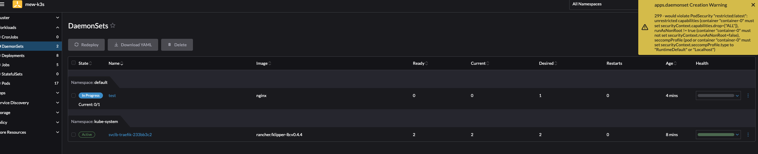 Deploying a daemonset to the `default` namespace with an RKE2/K3s v1.25 cluster with PSACT ...