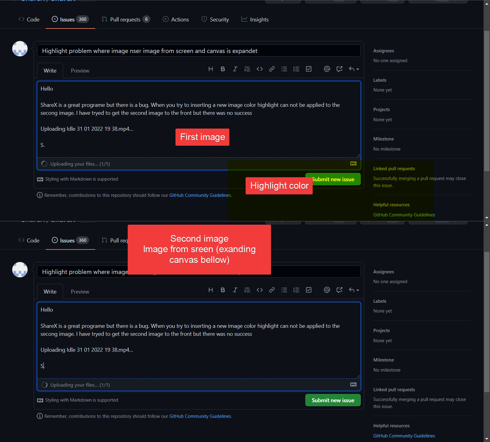 Highlight problem where second image is inserd from screen and canvas ...
