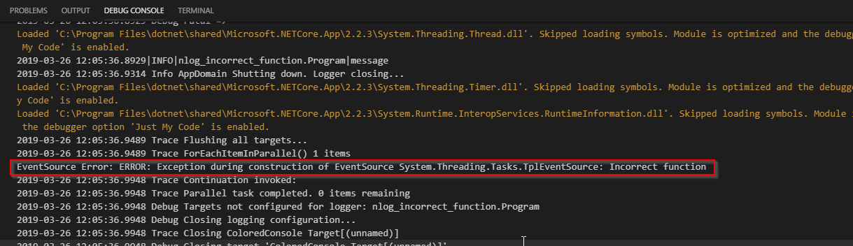 EventSource Error (Incorrect Function) during shutdown w/ debugger · Issue #3200 · NLog/NLog ...